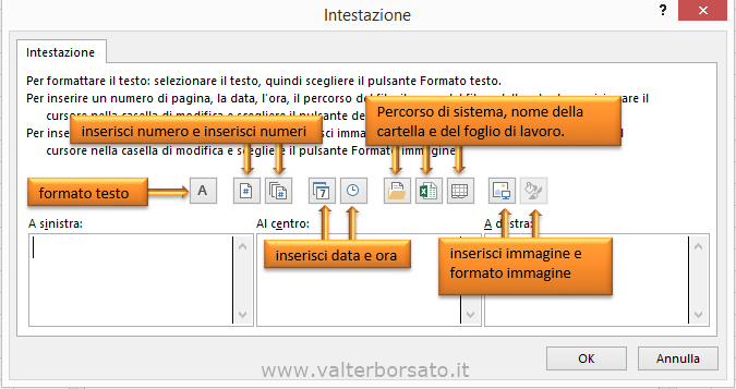 Intestazione e piè di pagina dei Fogli Excel. Impostare numerazione pagine